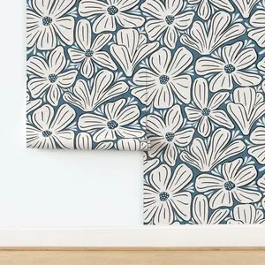 Spoonflower Modern Floral Blue Botanical Garden Bloom Meadow Custom Pre-pasted Wallpaper - White,blue