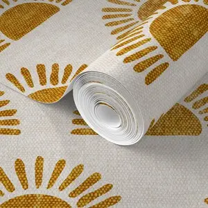 Spoonflower Boho Block Print Sun Sunshine In Golden Orange 100% Natural Sisal Grasscloth Wallcovering - Gold,beige,gray