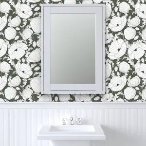 Spoonflower Floral Poppies Boho Flowers Olive Line Custom Pre-pasted Wallpaper - White