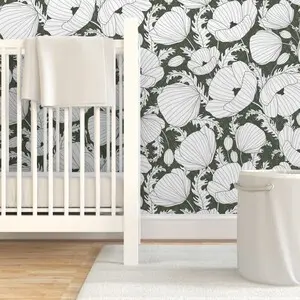 Spoonflower Floral Poppies Boho Flowers Olive Line Custom Pre-pasted Wallpaper - White