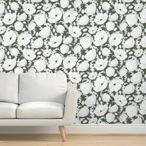 Spoonflower Floral Poppies Boho Flowers Olive Line Custom Pre-pasted Wallpaper - White