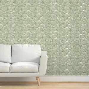 Spoonflower Weathered Art Deco Green Cream Distressed Custom Pre-pasted Wallpaper - Sage