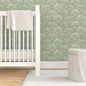 Spoonflower Weathered Art Deco Green Cream Distressed Custom Pre-pasted Wallpaper - Sage