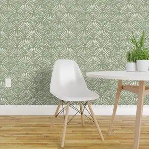 Spoonflower Weathered Art Deco Green Cream Distressed Custom Pre-pasted Wallpaper - Sage