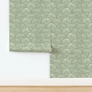 Spoonflower Weathered Art Deco Green Cream Distressed Custom Pre-pasted Wallpaper - Sage