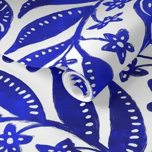 Spoonflower Cobalt Botanical Bright White Indian Floral Custom Pre-pasted Wallpaper - Blue