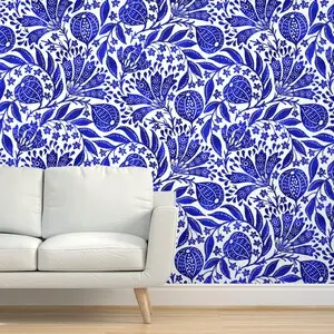 Spoonflower Cobalt Botanical Bright White Indian Floral Custom Pre-pasted Wallpaper - Blue