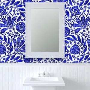 Spoonflower Cobalt Botanical Bright White Indian Floral Custom Pre-pasted Wallpaper - Blue