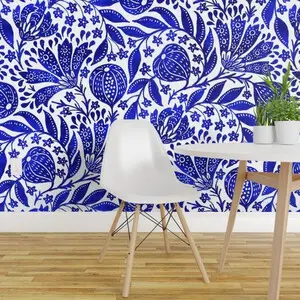Spoonflower Cobalt Botanical Bright White Indian Floral Custom Pre-pasted Wallpaper - Blue