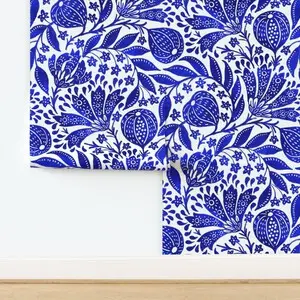 Spoonflower Cobalt Botanical Bright White Indian Floral Custom Pre-pasted Wallpaper - Blue