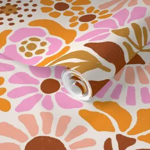 Spoonflower Botanical Funky Vintage Retro Rose Orange 60s 70s Custom Pre-pasted Wallpaper Orange