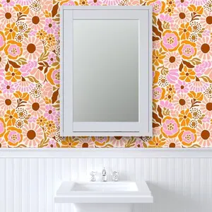 Spoonflower Botanical Funky Vintage Retro Rose 60s 70s Custom Pre-pasted Wallpaper - Orange