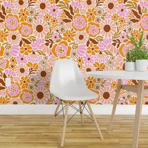 Spoonflower Botanical Funky Vintage Retro Rose 60s 70s Custom Pre-pasted Wallpaper - Orange