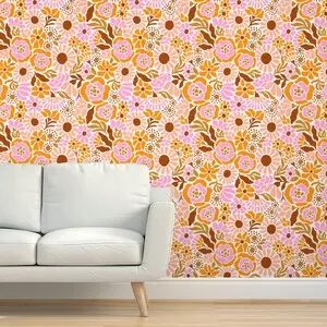 Spoonflower Botanical Funky Vintage Retro Rose 60s 70s Custom Pre-pasted Wallpaper - Orange