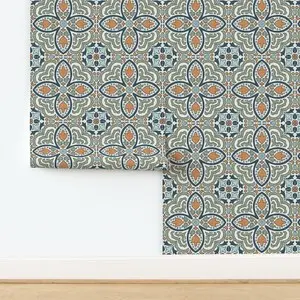 Spoonflower Floral Geometric Tile Italian Distressed Custom Pre-pasted Wallpaper