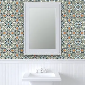 Spoonflower Floral Geometric Tile Italian Distressed Custom Pre-pasted Wallpaper