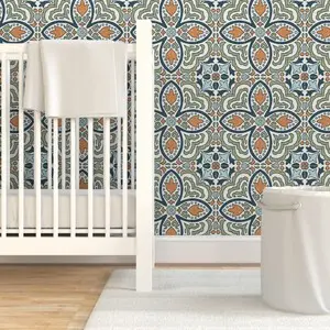 Spoonflower Floral Geometric Tile Italian Distressed Custom Pre-pasted Wallpaper
