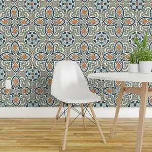 Spoonflower Floral Geometric Tile Italian Distressed Custom Pre-pasted Wallpaper