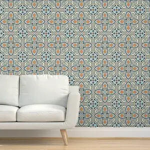 Spoonflower Floral Geometric Tile Italian Distressed Custom Pre-pasted Wallpaper