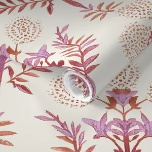 Spoonflower Boho Flowers Watercolor Botanical Custom Pre-pasted Wallpaper - Pink