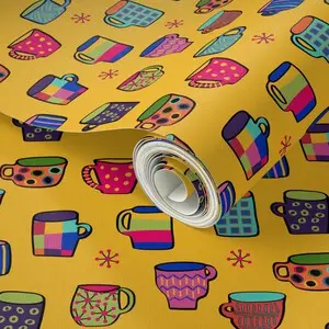 Spoonflower Whimsical Kitchen Mug Coffee Cup Kitsch Tea Custom Pre-pasted Wallpaper - Yellow