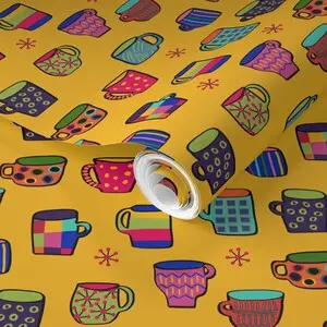 Spoonflower Whimsical Kitchen Mug Coffee Cup Kitsch Tea Custom Pre-pasted Wallpaper - Yellow