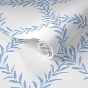 Spoonflower Trellis Botanical Fern Floral Geometric Custom Pre-pasted Wallpaper - Blue