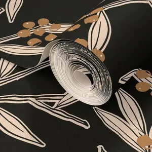 Spoonflower Large Berry Botanical Black Gold 100% Natural Sisal Grasscloth Wallcovering Brown,gray