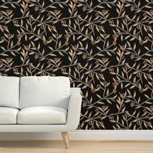 Spoonflower Large Berry Botanical Black Gold 100% Natural Sisal Grasscloth Wallcovering - Brown,gray