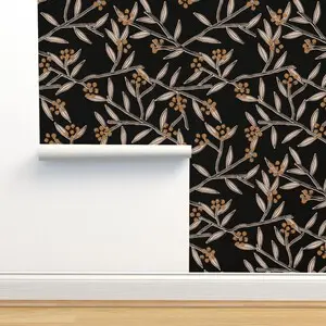 Spoonflower Large Berry Botanical Black Gold 100% Natural Sisal Grasscloth Wallcovering - Brown,gray
