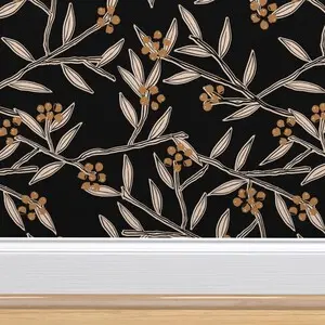 Spoonflower Large Berry Botanical Black Gold 100% Natural Sisal Grasscloth Wallcovering - Brown,gray