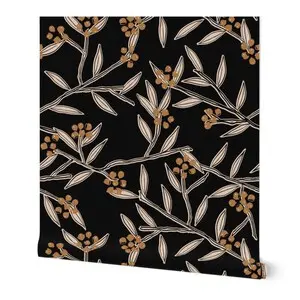 Spoonflower Large Berry Botanical Black Gold 100% Natural Sisal Grasscloth Wallcovering - Brown,gray