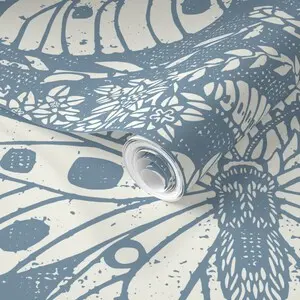 Spoonflower Butterfly Botanical Succulents Modern Damask Custom Pre-pasted Wallpaper - Blue