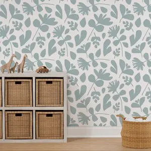 Spoonflower Duck Egg Modern Floral Silhouette Pressed Custom Pre-pasted Wallpaper