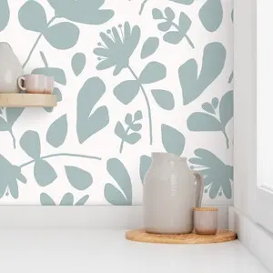 Spoonflower Duck Egg Modern Floral Silhouette Pressed Custom Pre-pasted Wallpaper