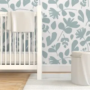Spoonflower Duck Egg Modern Floral Silhouette Pressed Custom Pre-pasted Wallpaper