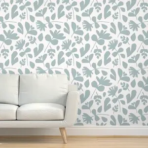 Spoonflower Duck Egg Modern Floral Silhouette Pressed Custom Pre-pasted Wallpaper