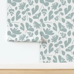 Spoonflower Duck Egg Modern Floral Silhouette Pressed Custom Pre-pasted Wallpaper