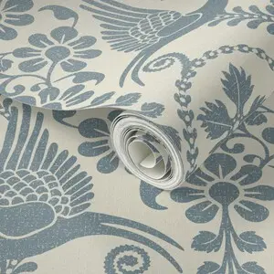 Spoonflower Bird Flowers Botanical Floral Damask Italian Custom Pre-pasted Wallpaper - Blue