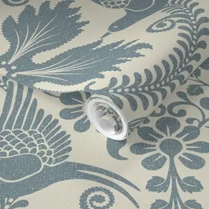 Spoonflower Bird Flowers Botanical Floral Damask Italian Custom Pre-pasted Wallpaper - Blue