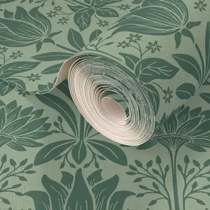 Spoonflower Tulip Damask Medium Pine Dusty Sage 100% Natural Sisal Grasscloth Wallcovering