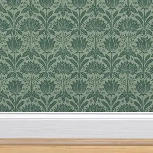 Spoonflower Tulip Damask Medium Pine Dusty Sage 100% Natural Sisal Grasscloth Wallcovering