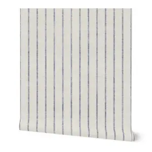 Spoonflower Blue Aegean Simple Ticking Stripe 100% Natural Sisal Grasscloth Wallcovering