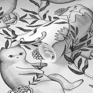 Spoonflower Chinoiserie Toile Cat Feline Kitty Floral Custom Pre-pasted Wallpaper - Black