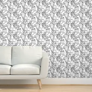 Spoonflower Chinoiserie Toile Cat Feline Kitty Floral Custom Pre-pasted Wallpaper - Black