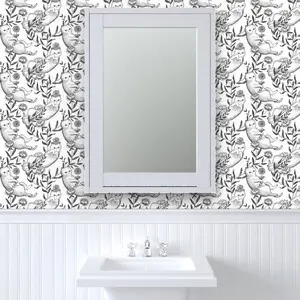 Spoonflower Chinoiserie Toile Cat Feline Kitty Floral Custom Pre-pasted Wallpaper - Black