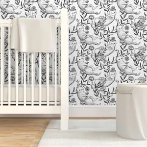 Spoonflower Chinoiserie Toile Cat Feline Kitty Floral Custom Pre-pasted Wallpaper - Black