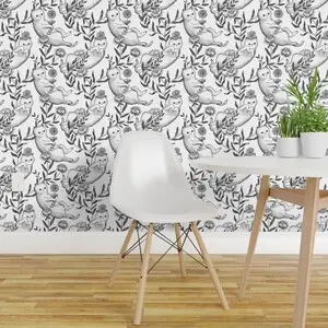 Spoonflower Chinoiserie Toile Cat Feline Kitty Floral Custom Pre-pasted Wallpaper - Black
