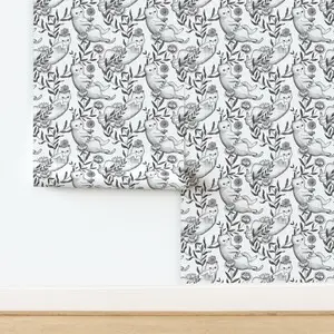 Spoonflower Chinoiserie Toile Cat Feline Kitty Floral Custom Pre-pasted Wallpaper - Black