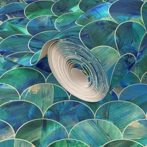 Spoonflower Peacock Mermaid Scales 100% Natural Sisal Grasscloth Wallcovering - Blue,teal